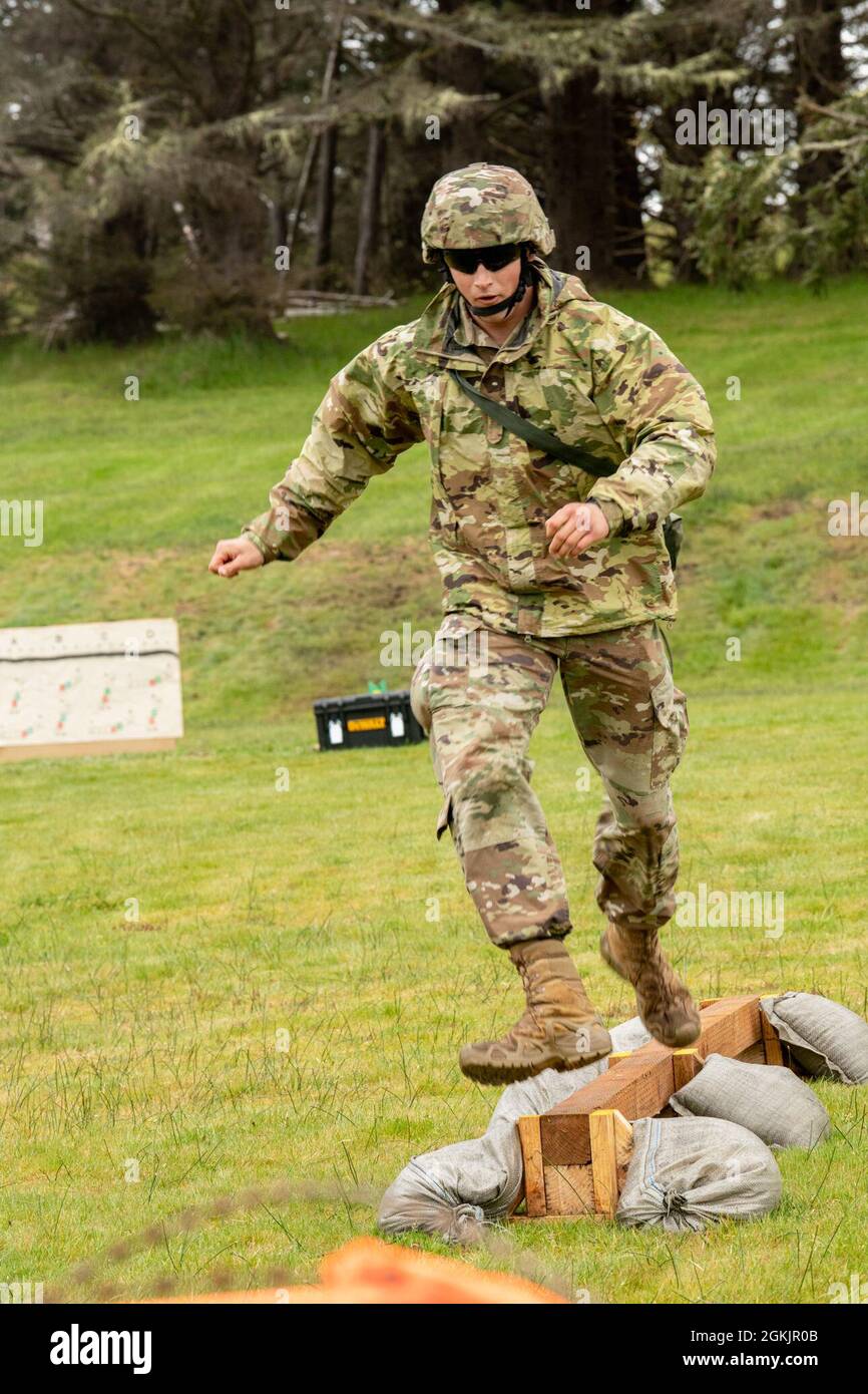 Wyoming Army National Guard Spc. Aiden Carroll, balances on one of the ...
