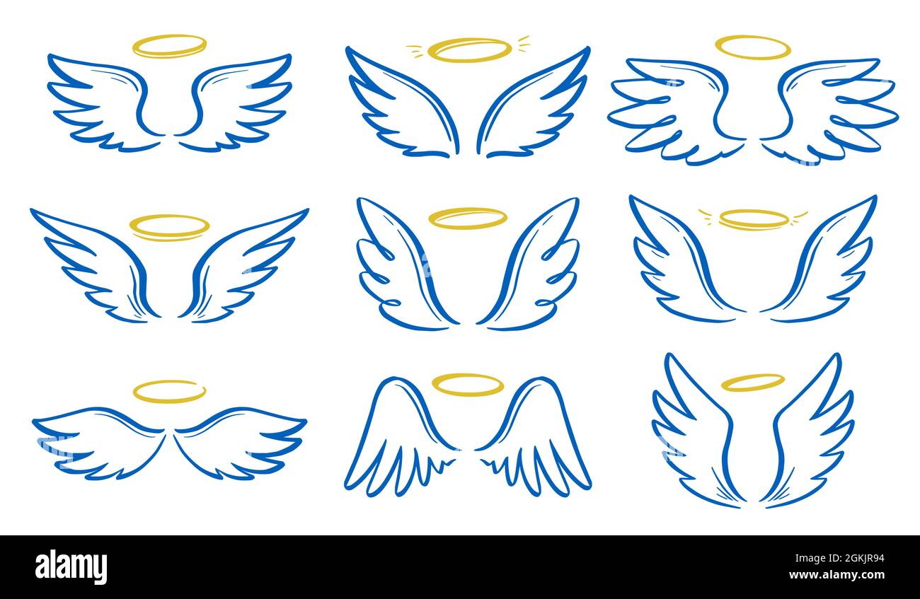 Angel doodle wing and halo set. Hand drawn sketch style wing. Angel ...