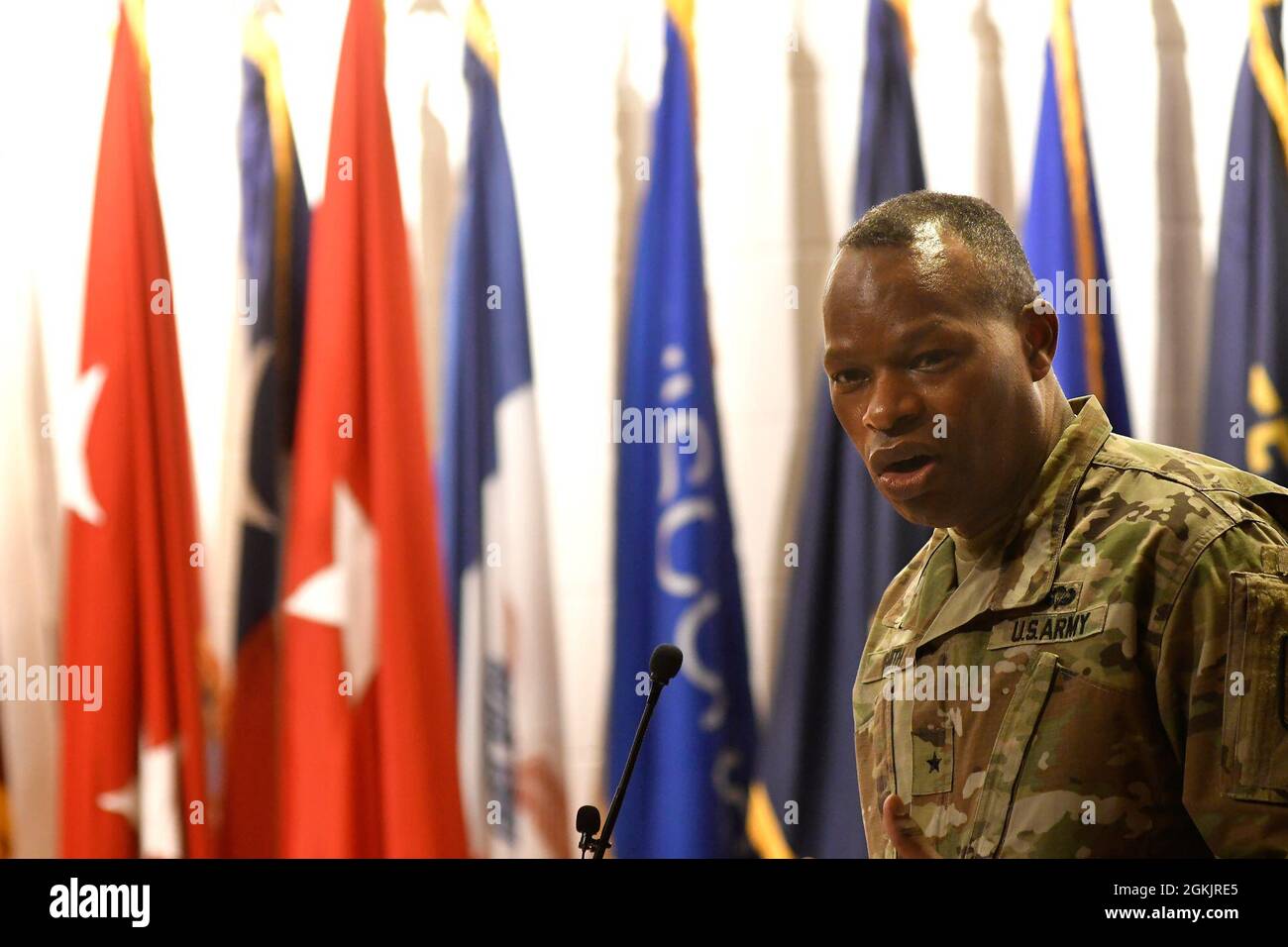 Brig. Gen. James M. Smith speaks before audience members during the Transportation Corps ...