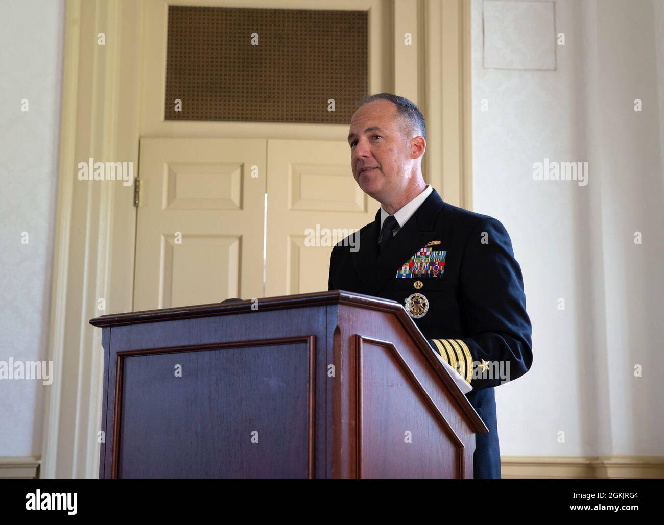 Capt. Joshua Himes delivers remarks after assuming command as Carrier ...