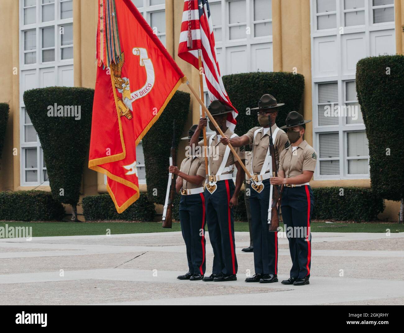 The Marine Corps Recruit Depot color guard present the Colors to the ...