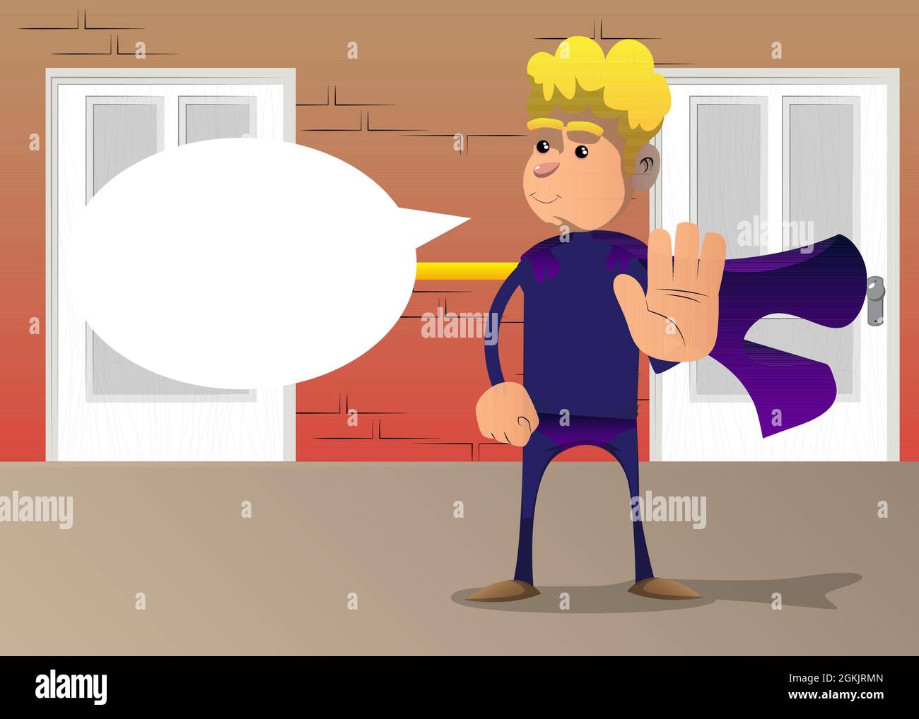 Funny cartoon man dressed as a superhero showing deny or refuse hand ...