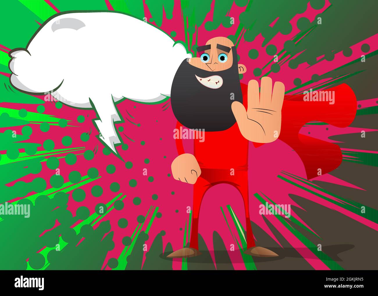 Funny cartoon man dressed as a superhero showing deny or refuse hand ...