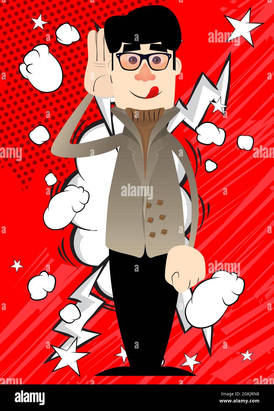 Funny cartoon man dressed for winter holds hand at his ear, listening ...