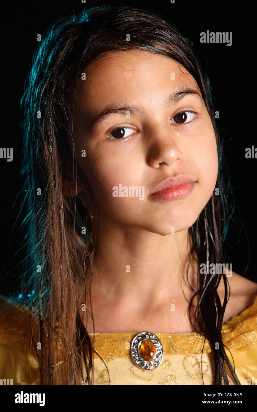 Close Up Portrait Of A Bright Cute Smart Brunette Girl 12 Years Old In