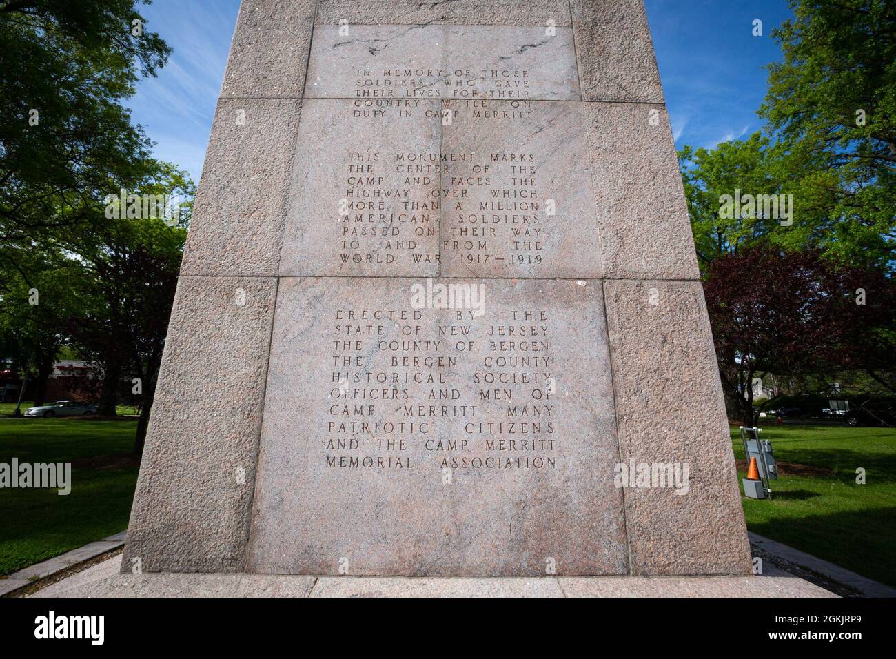 Dedication inscription on the south side of the Camp Merritt Memorial ...