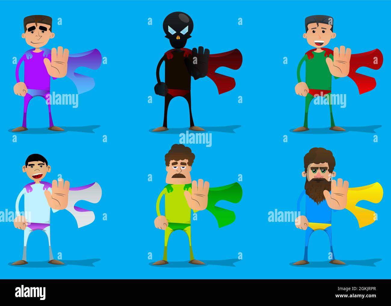 Funny cartoon man dressed as a superhero showing deny or refuse hand ...