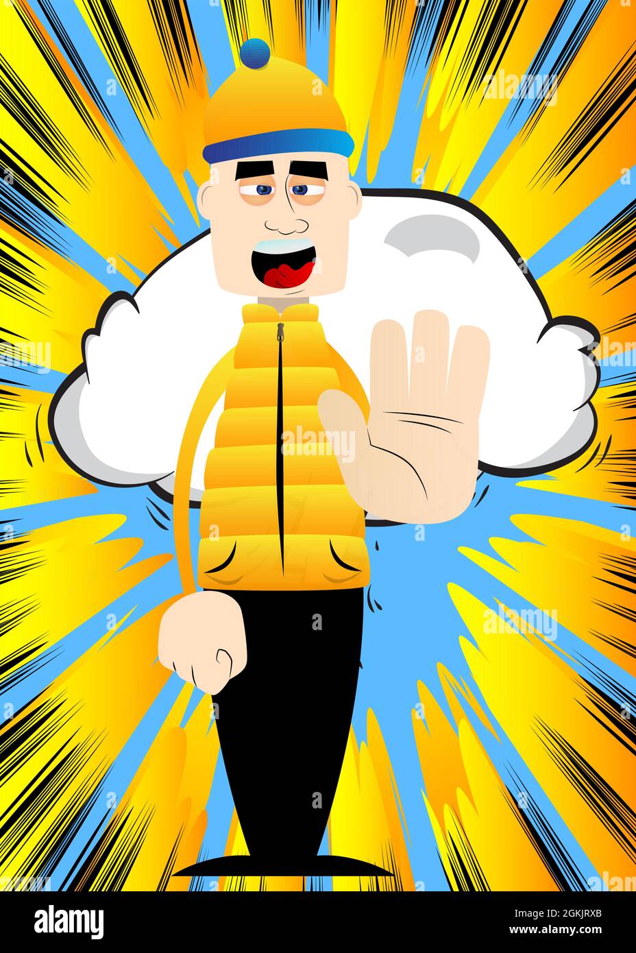 Funny cartoon man dressed for winter showing deny or refuse hand ...