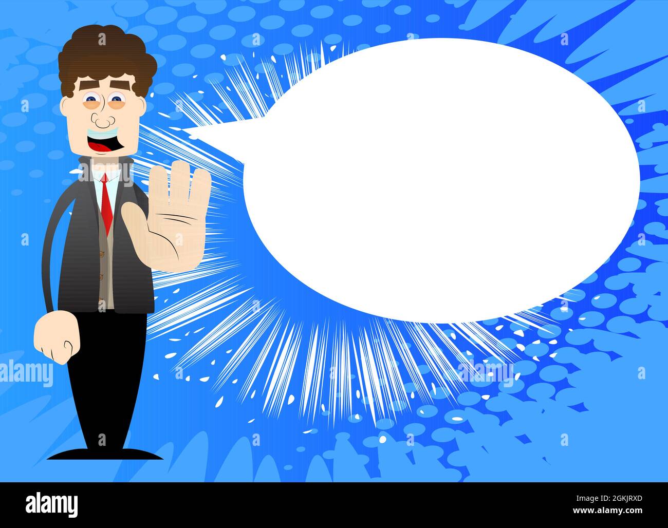 Funny cartoon man dressed for winter showing deny or refuse hand ...