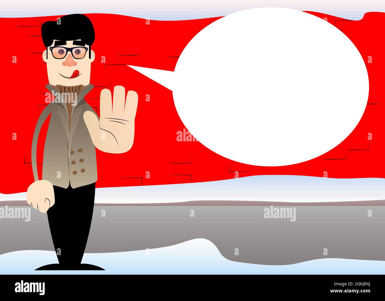 Funny cartoon man dressed for winter showing deny or refuse hand ...