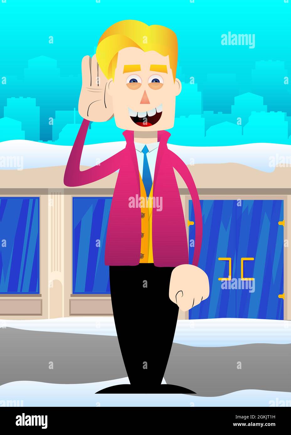 Funny cartoon man dressed for winter holds hand at his ear, listening ...