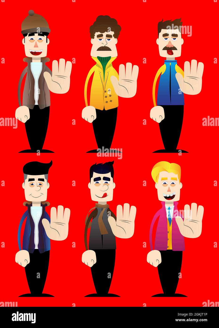 Funny cartoon man dressed for winter showing deny or refuse hand ...