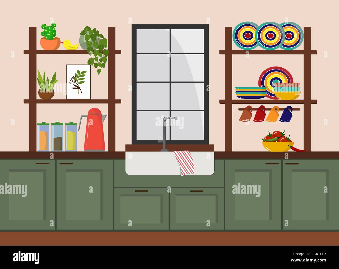 Kitchen interior with window and various kitchen items. Vector ...