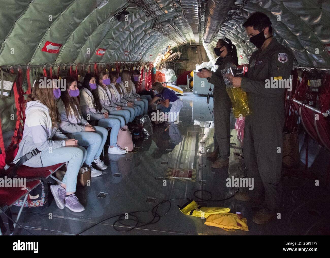 U.S. Air Force Airman First Class Riley Shin, 93rd Air Refueling Squadron boom operator, briefs ...