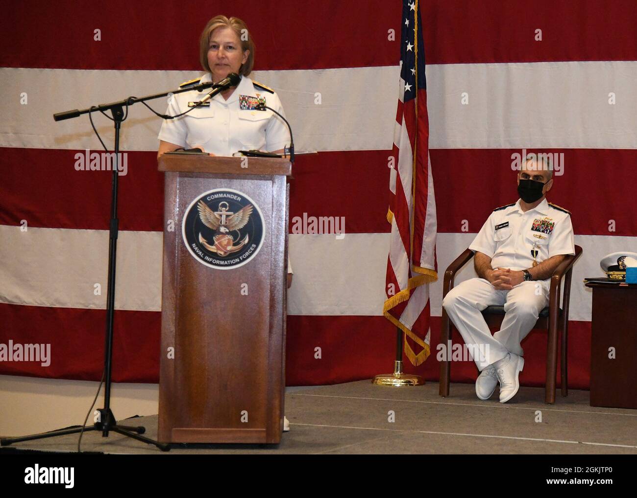 Vice Adm. Kelly Aeschbach speaks during a change of command ceremony on ...