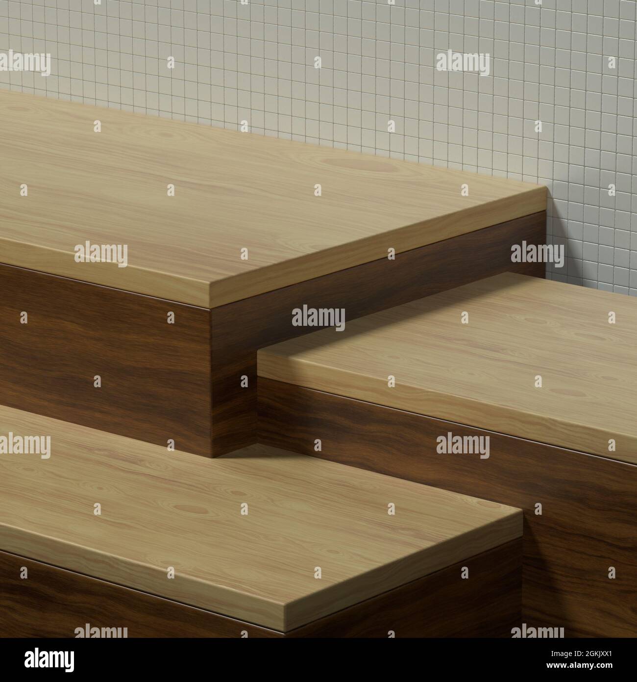 Empty wooden kitchen table or stage with ceramic wall for product ...