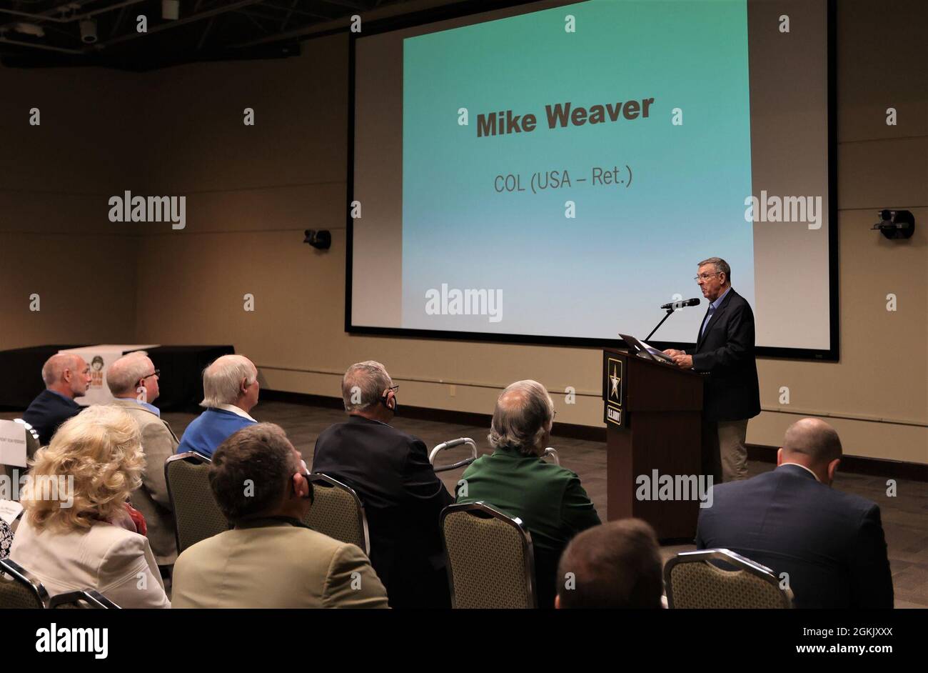 Retired Col. Mike Weaver speaks at the ceremony May 8, 2021, to mark ...