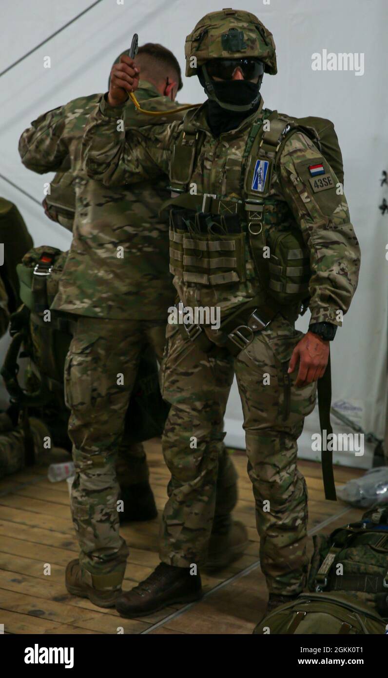 A Netherlands paratrooper assigned to 11th Airborne Battalion stands ...