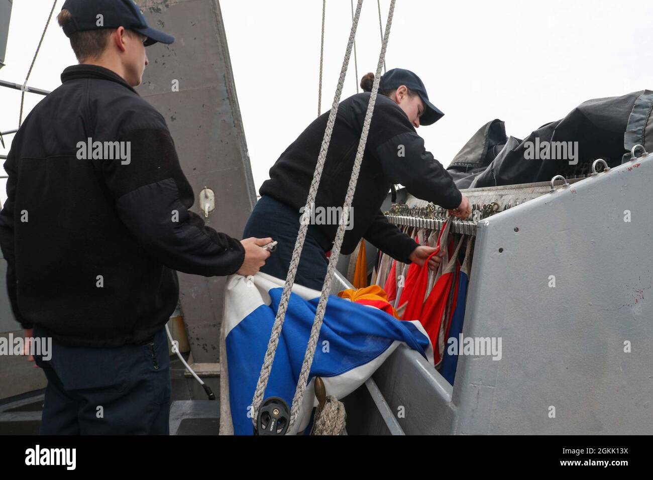 NORTH SEA (May 10, 2021) Quartermaster 2nd Class Zachary Lober, left ...