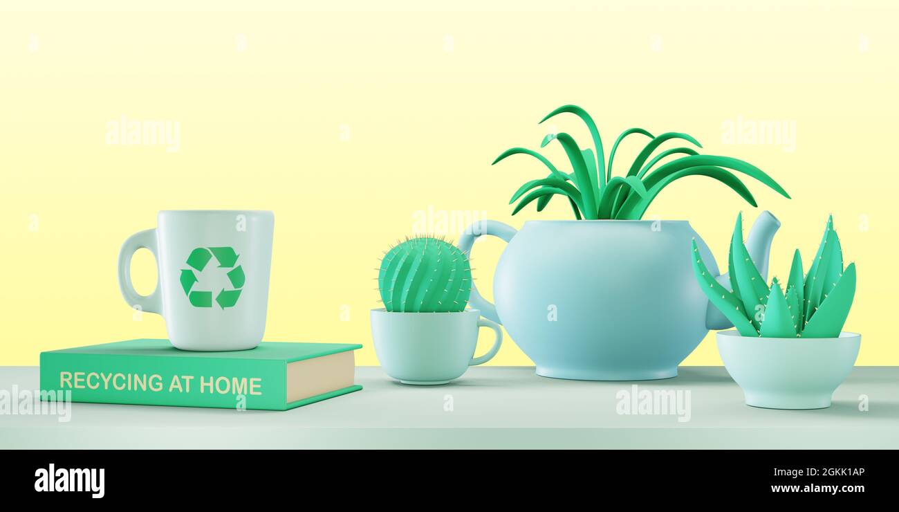 3D Illustration, Recycling at home, repurposed tea pot, bowl and tea ...