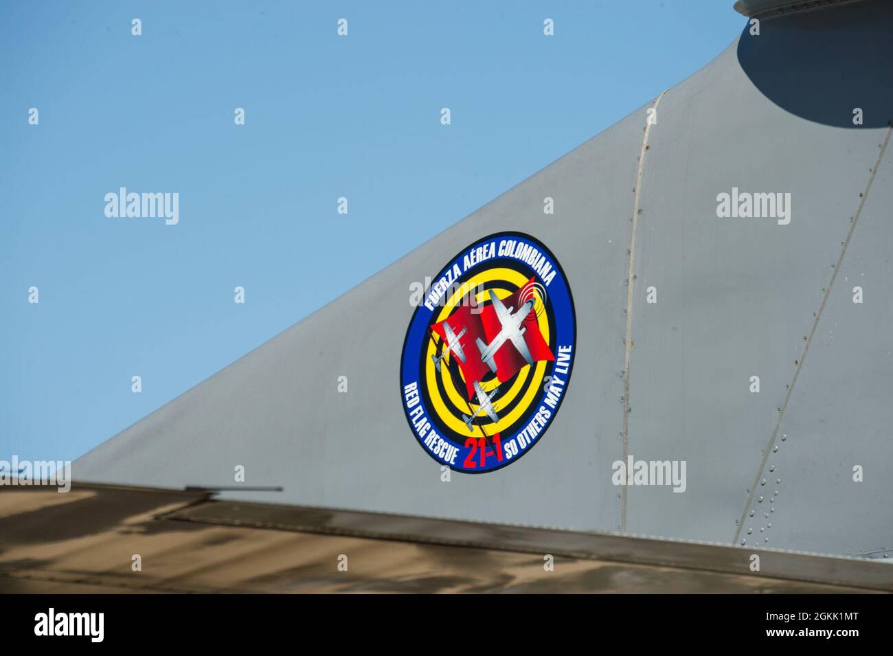 Colombian Air Force ECN-235 aircraft’s tail showcases a Red Flag-Rescue ...