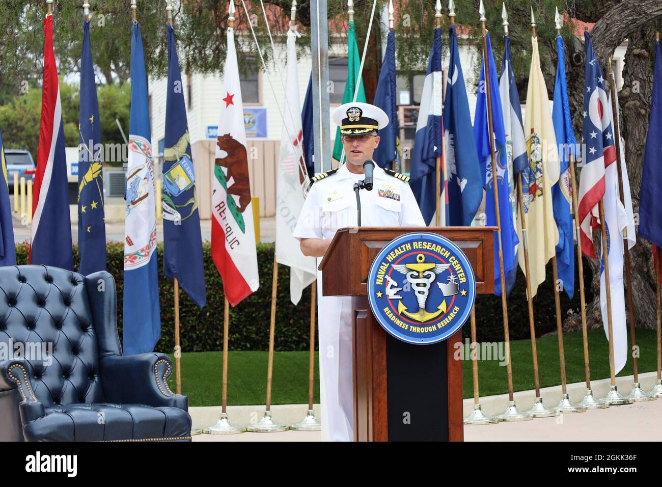 Capt. Dennis Faix addresses guests during a change of command ceremony ...