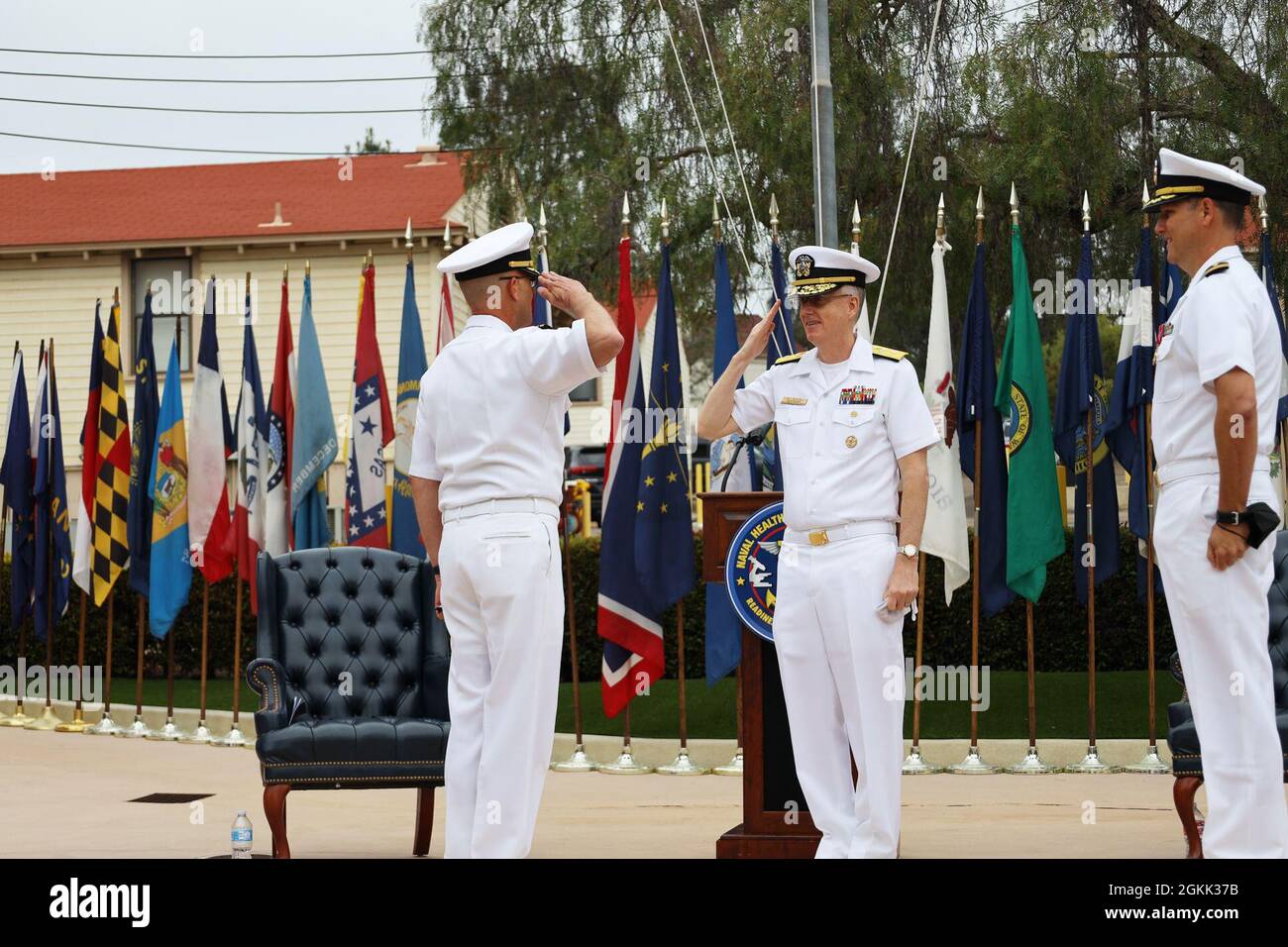 Naval Medical Forces Pacific Commander Rear Adm. Tim Weber returns a ...