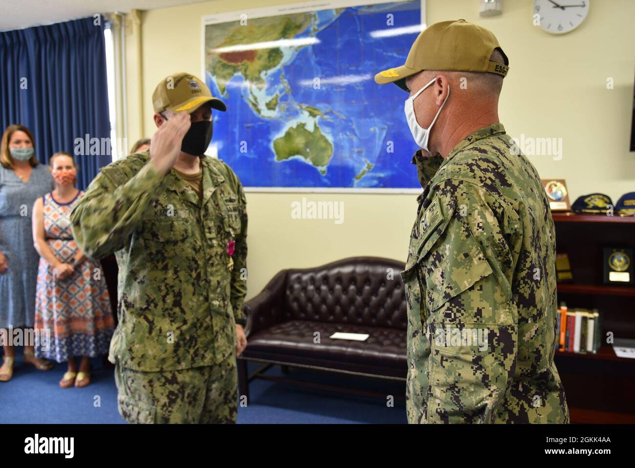 OKINAWA, Japan (May 12, 2021) Rear Adm. Fred Kacher, left, salutes Rear ...