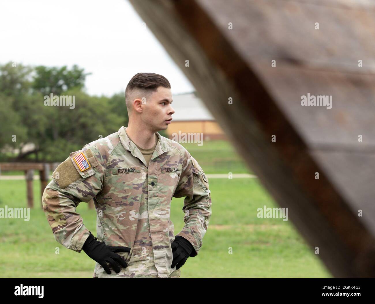 U.S. Army Spc. Jesse Estrada waits to complete the next event of an ...