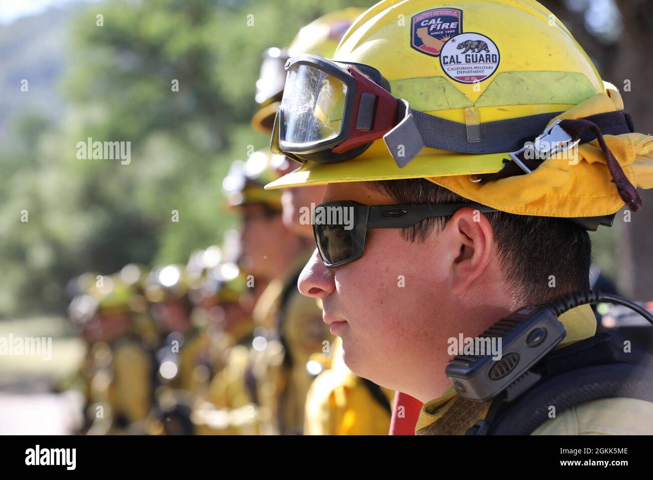 The California Military Department emblem is affixed on safety helmets ...