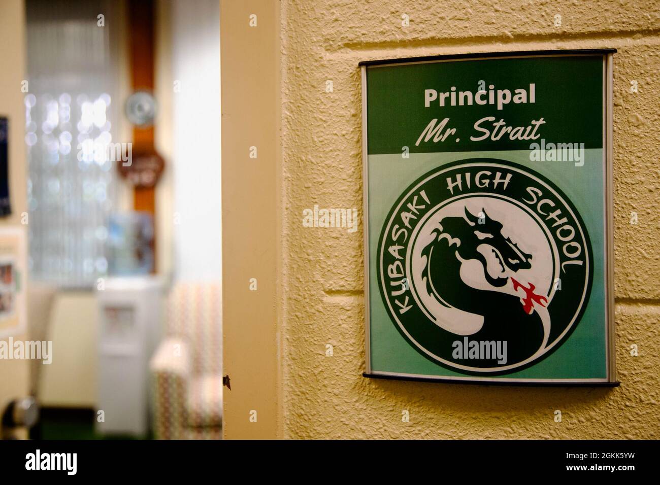 A name placard for James Strait, the principal of Kubasaki High School ...