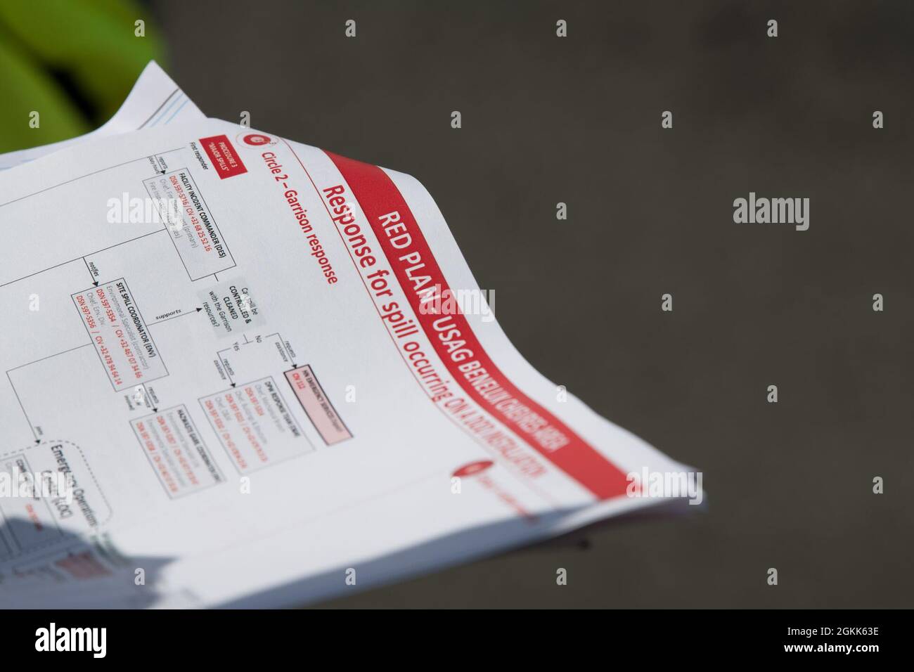 A U.S. Army Garrison Benelux staff member reviews spill response ...