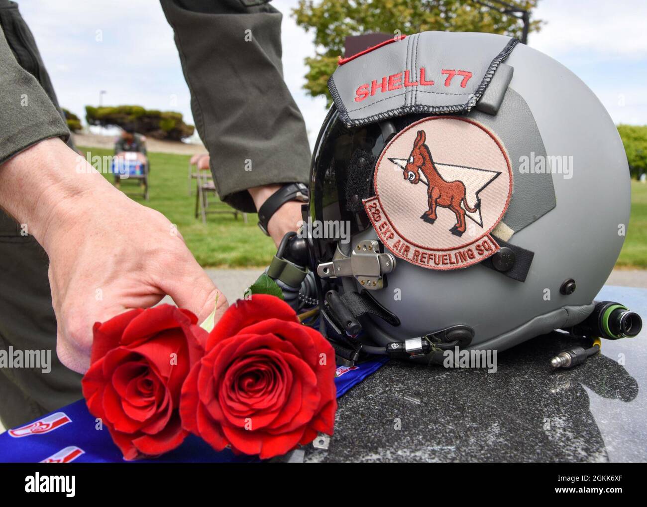 A U.S. Air Force 93rd Air Refueling Squadron boom operator places roses ...