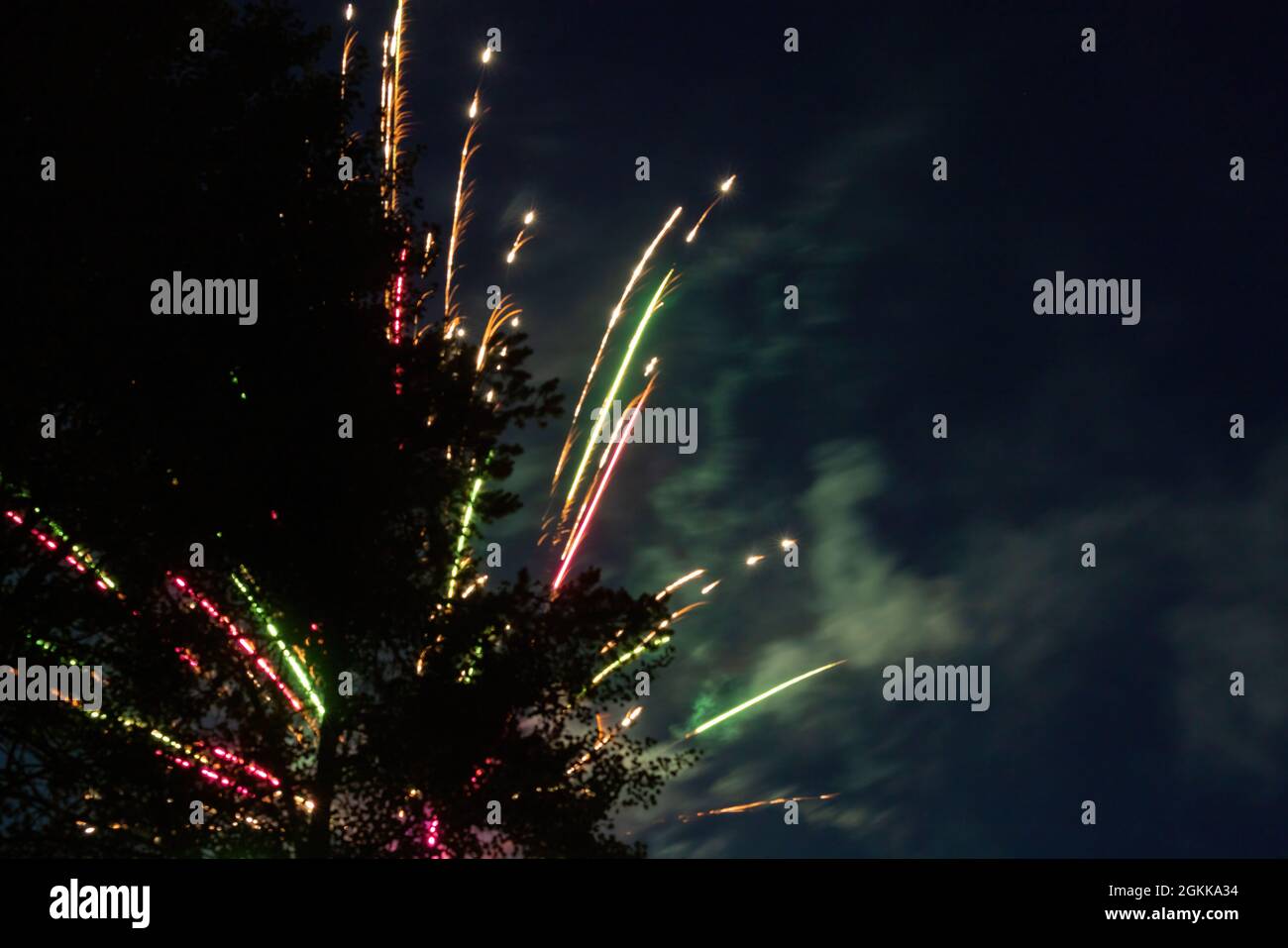 colorful explosion of fireworks near trees during celebration Stock ...
