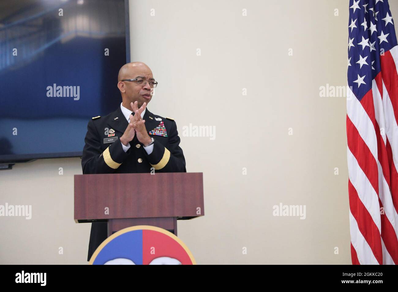U.S. Army Reserve Lt. Gen. A.C. Roper speaks to attendees and family ...