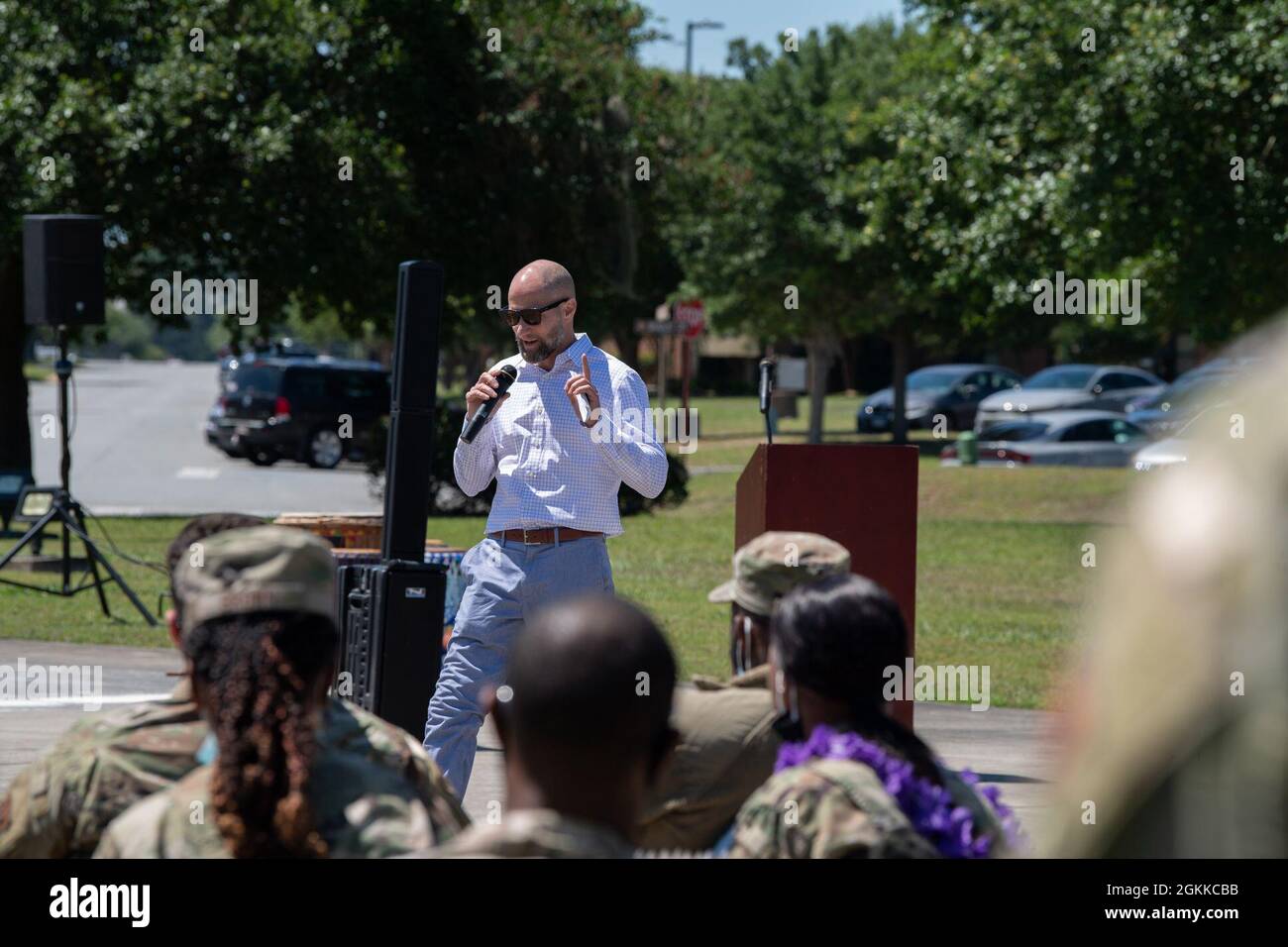 Retired U.S. Air Force Chief Master Sgt. Chad Caden gives a speech for ...