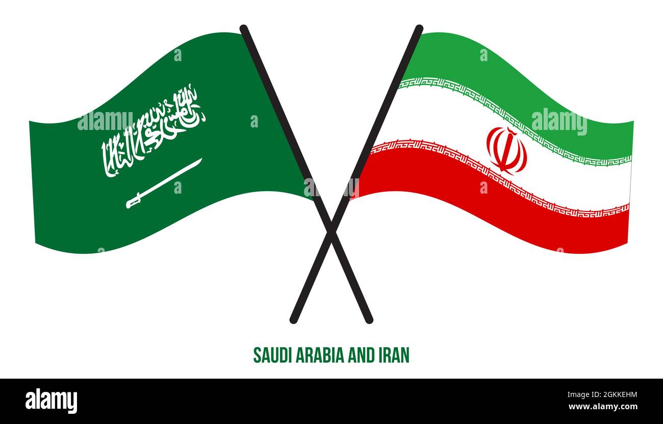 Saudi Arabia and Iran Flags Crossed And Waving Flat Style. Official ...