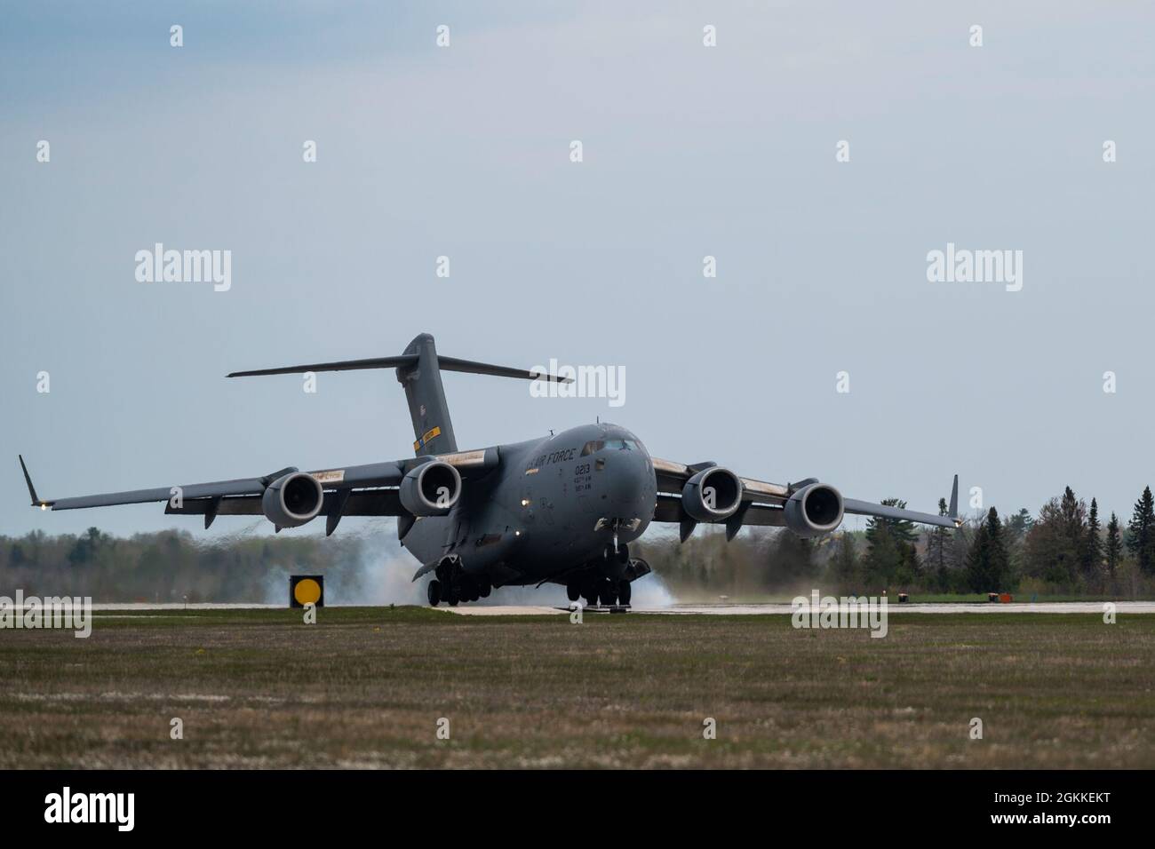 A U.S. Air Force C-17 Globemaster III assigned to the 437th Airlift Wing lands at Alpena Combat ...