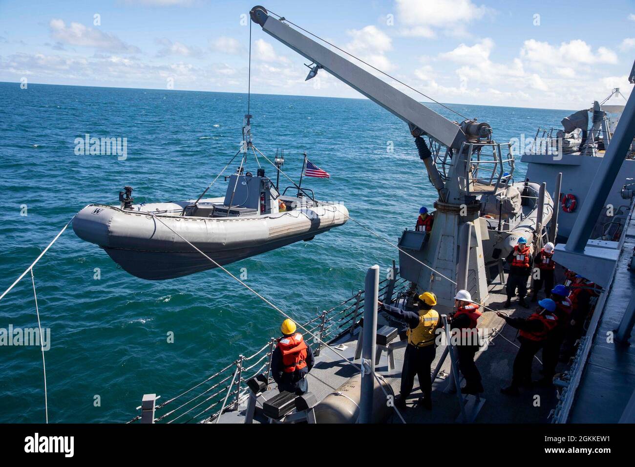 210516-N-QI061-0038 BRITISH ISLES (May 16, 2021) Sailors lower a Rigid ...