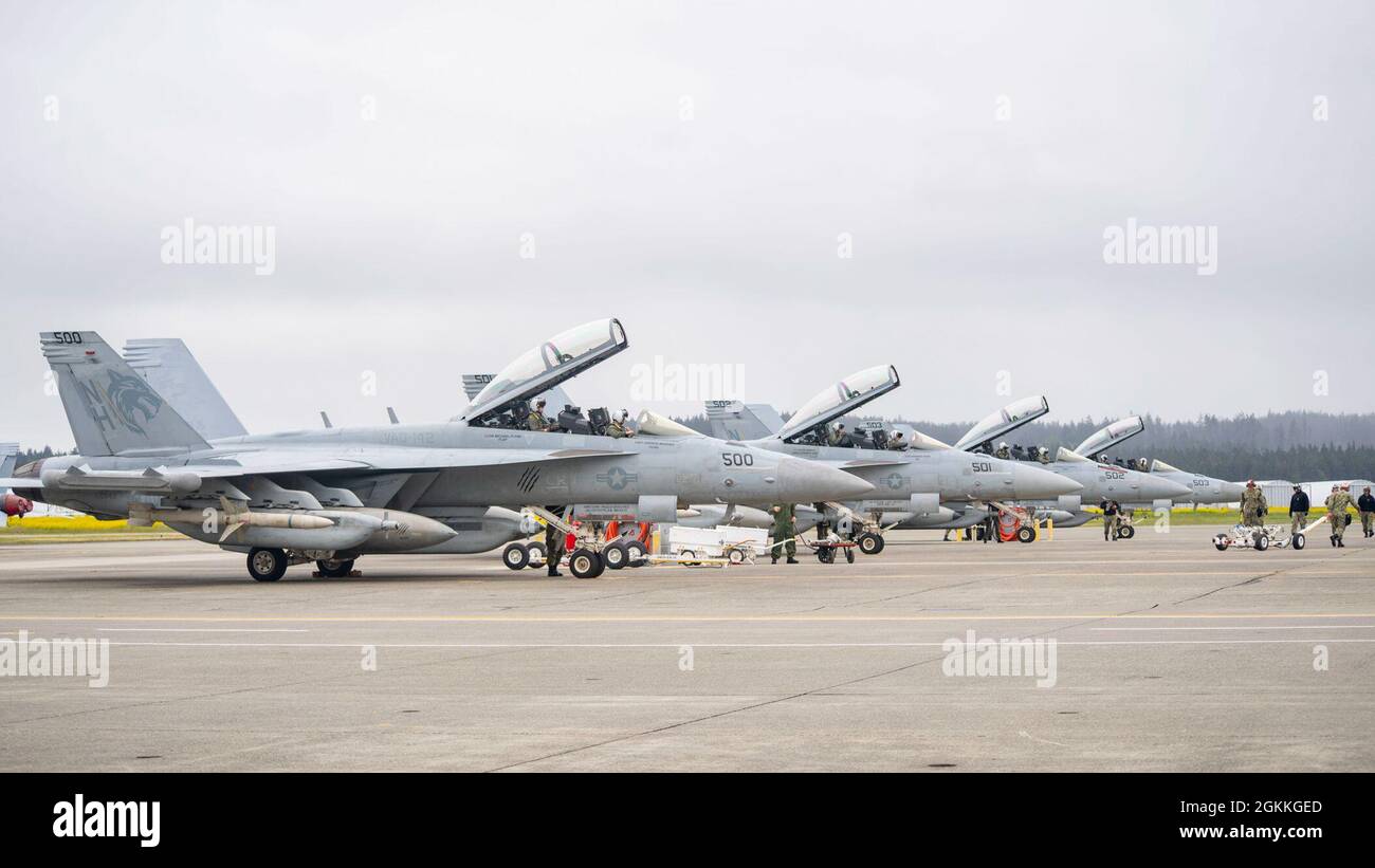 Pilots assigned to Electronic Attack Squadron (VAQ) 142 park EA-18G ...