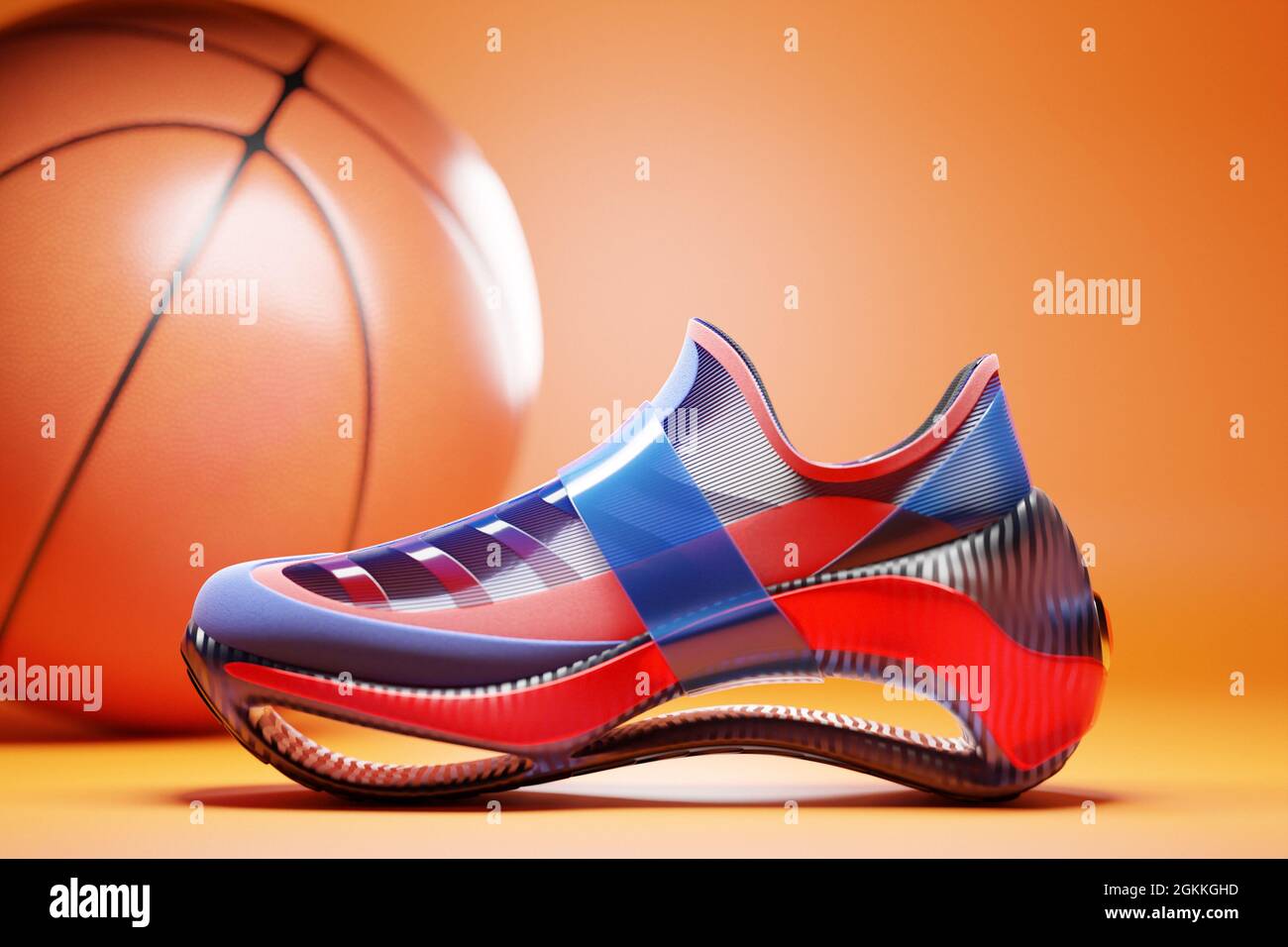 3d illustration blue and red new sports sneakers with gold inserts on a ...