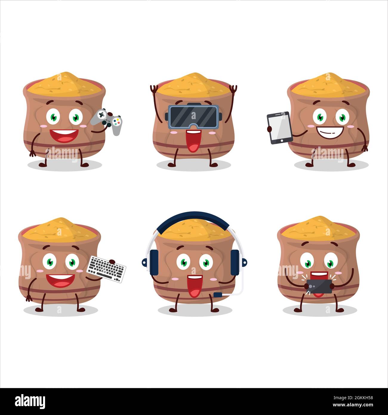 Curcuma cartoon character are playing games with various cute emoticons ...