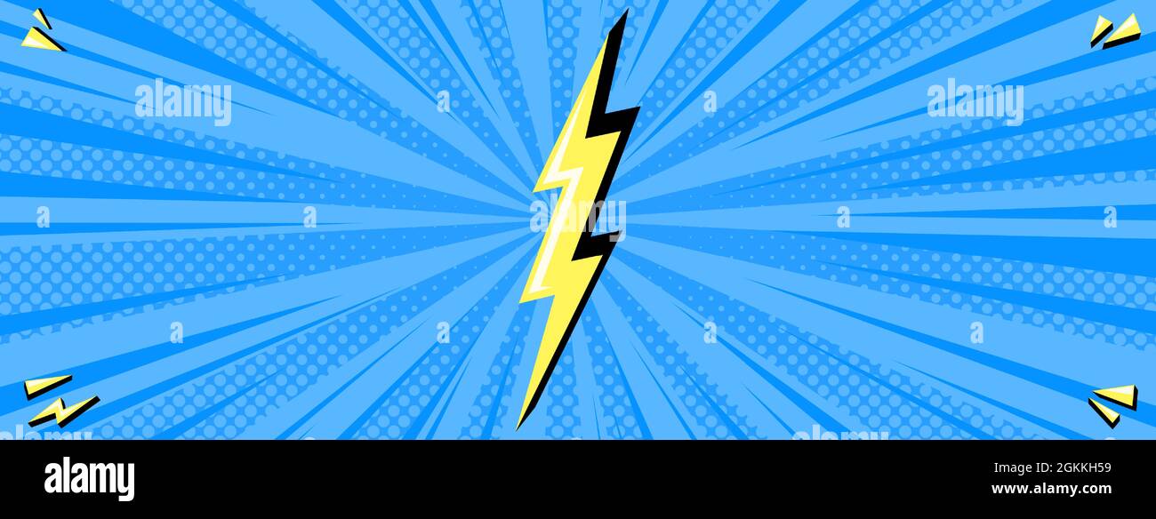 Superhero halftoned background with lightning. Blue comic design with ...