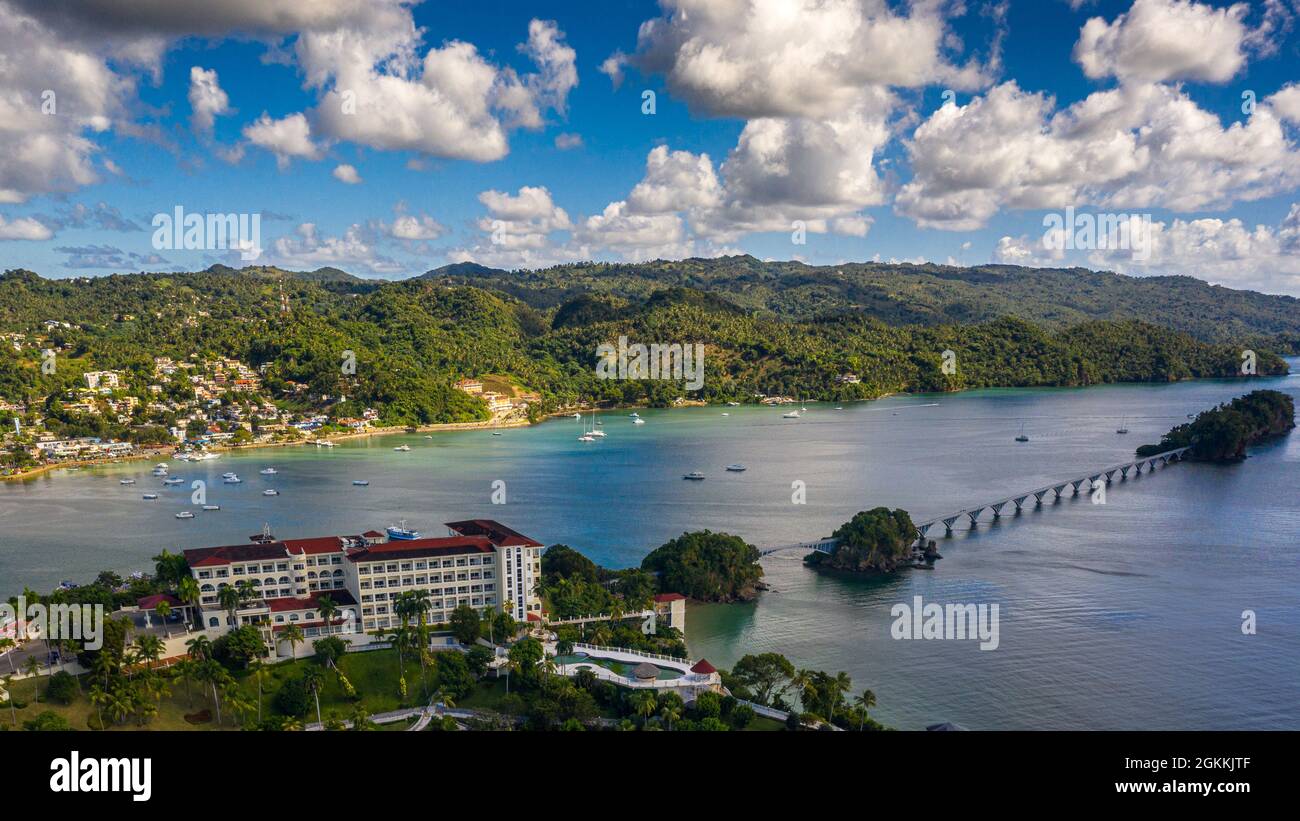 Aerial view over the bay of samana as the beautiful landscape of its ...