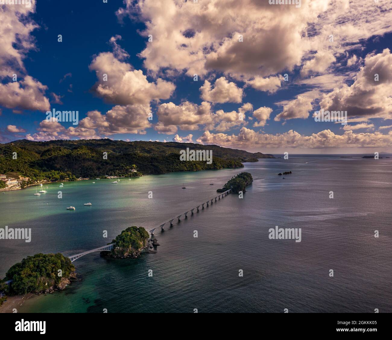 Drone shot over the bay of Samana highlighting the beautiful landscape ...