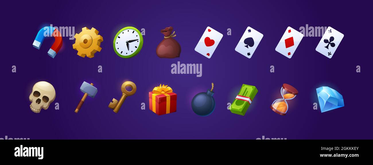 Game icons with key, clock, playing cards, money and gear. Vector ...