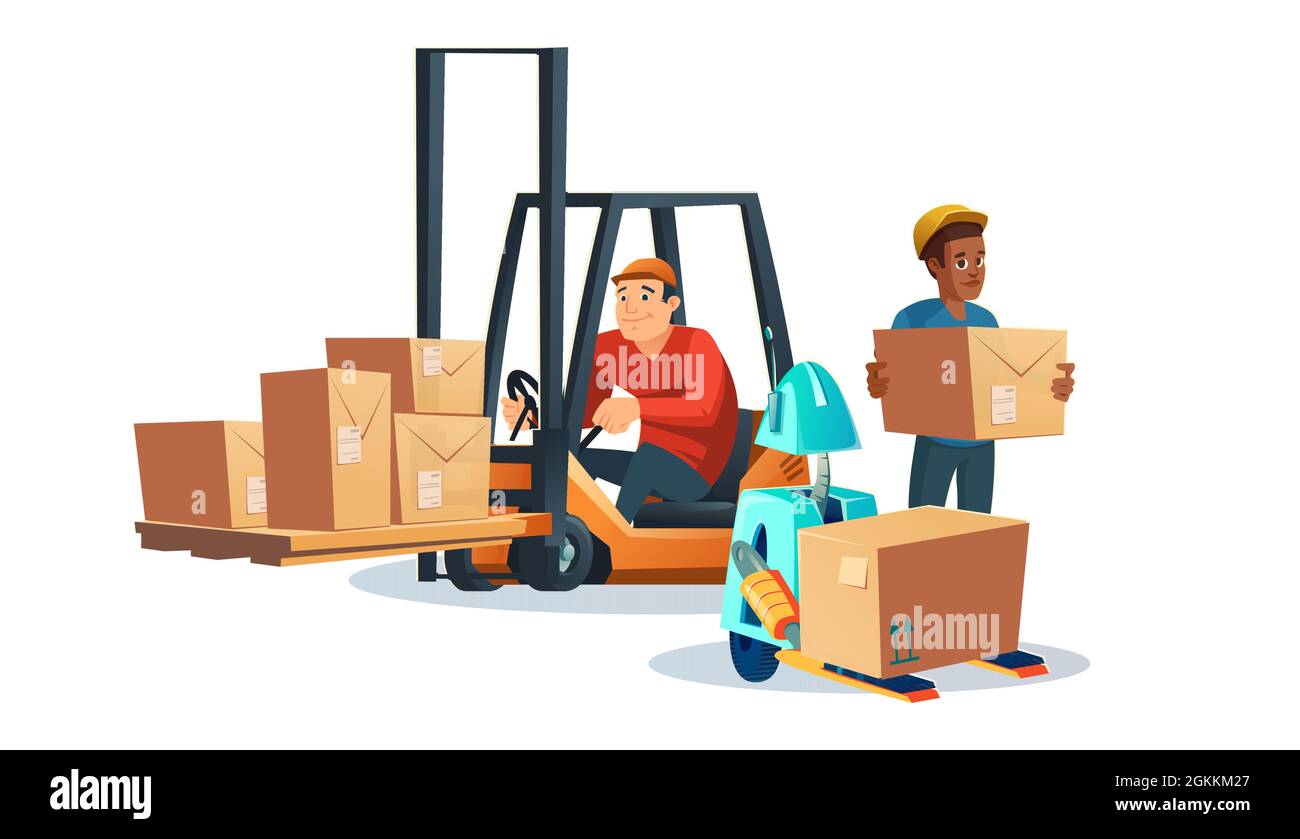 Forklift with driver, worker and robot carrying cardboard boxes. Vector ...