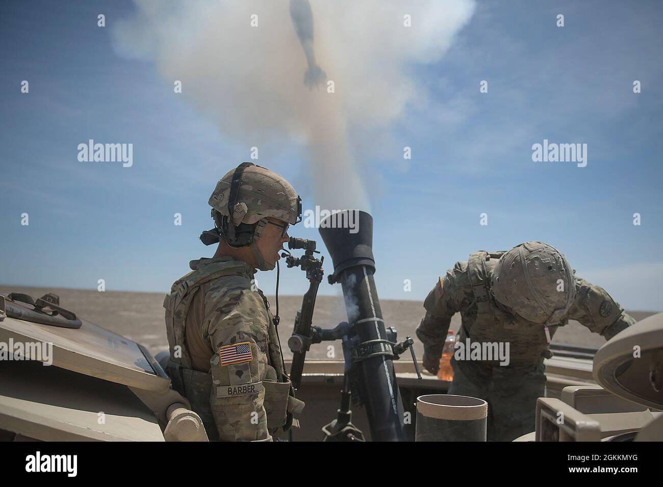 Idaho Army National Guard mortar platoon, Thunder 2, delivers a round ...
