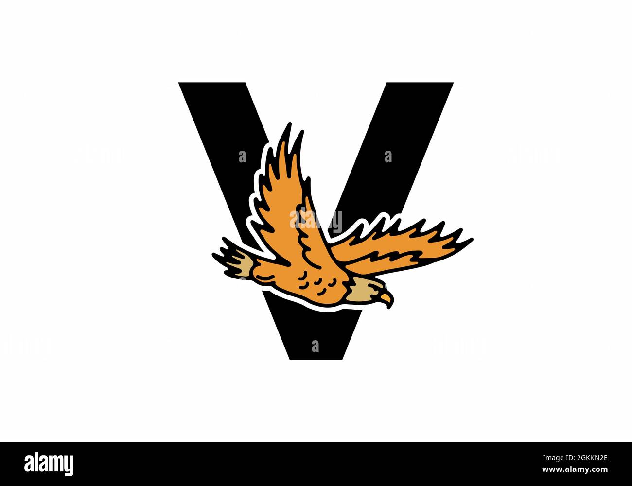 Line art illustration of flying eagle with V initial letter design ...