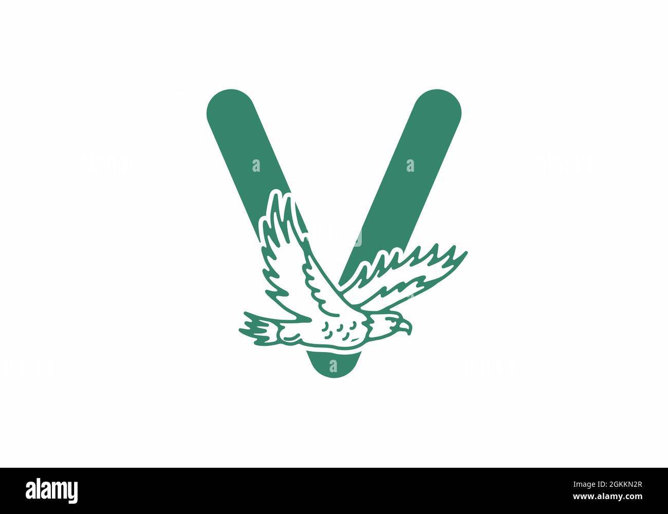 Line art illustration of flying eagle with V initial letter design ...